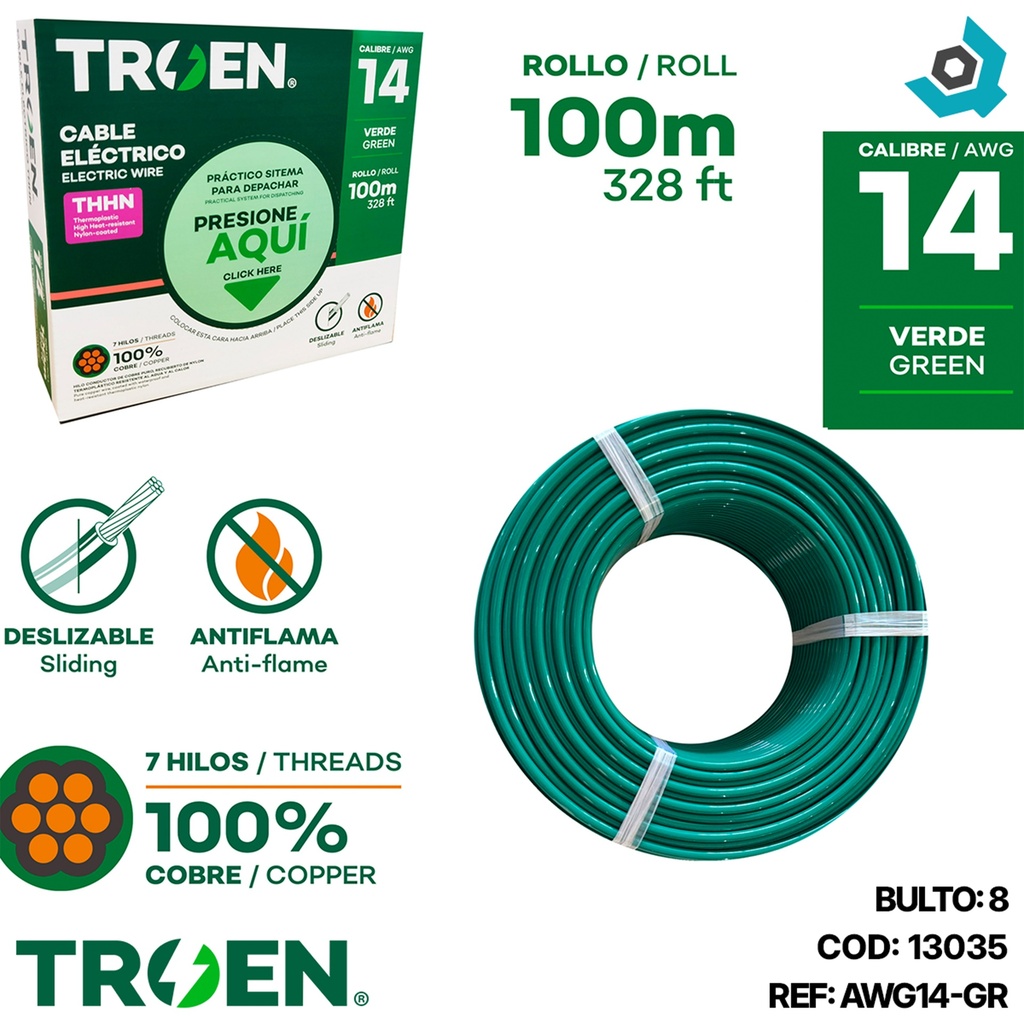 CABLE ELECTRICO 14 AWG VERDE 7 HILOS TROEN | Litani Import Export